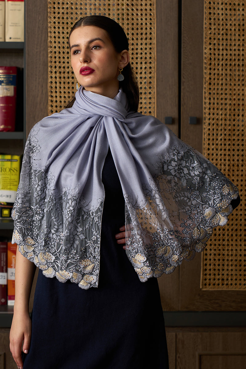 Dainty Petals | Embroidered Wool Silk Stole – Mauli Cashmere